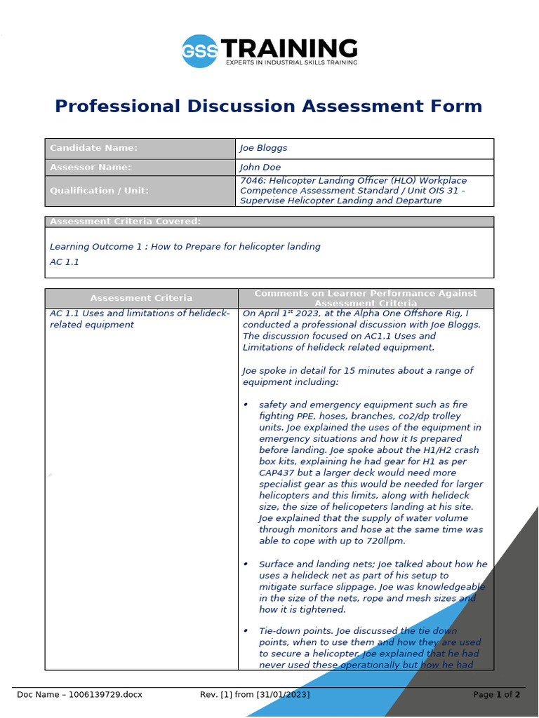 Professional Discussion Assessment Form | PDF