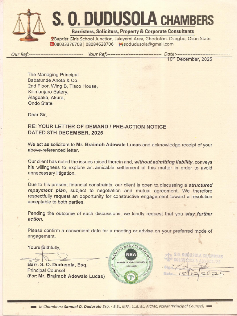 Braimoh Adewale Lucas Letter | PDF