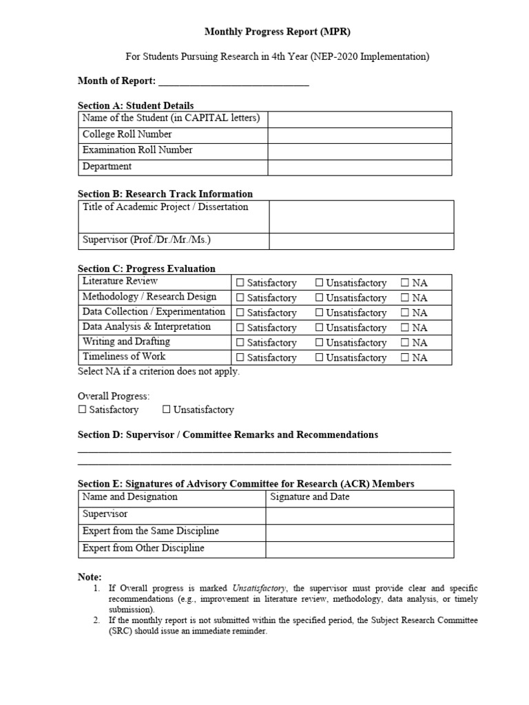 Monthly Research Progress Report Template | PDF
