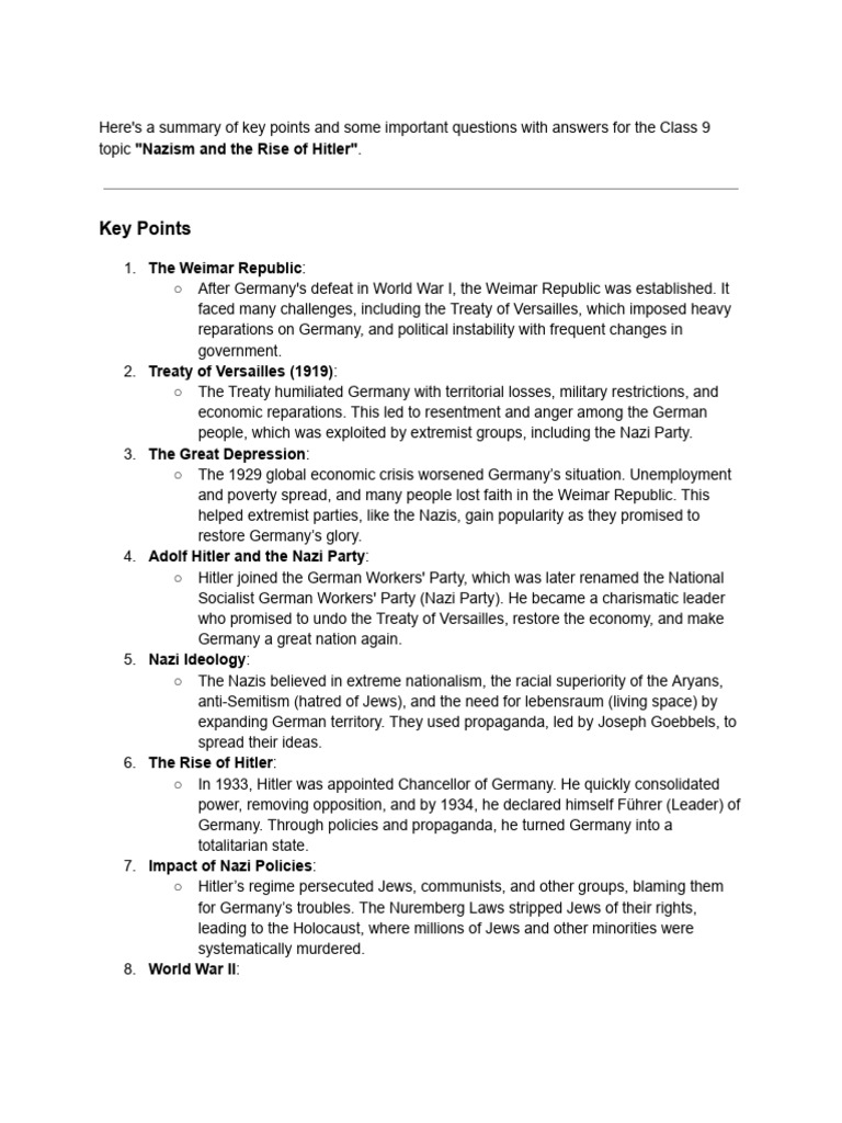 Nazism and Hitler: Key Points Summary | PDF | Nazi Germany | Nazism
