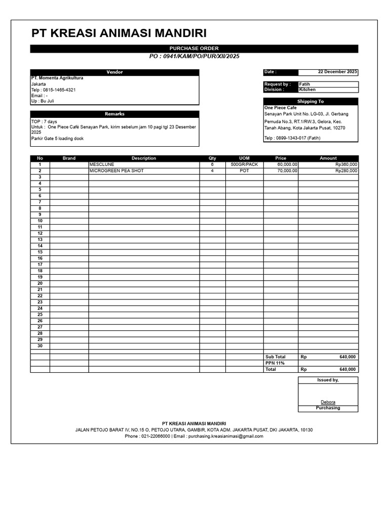 Purchase Order PT Kreasi Animasi 2025 | PDF