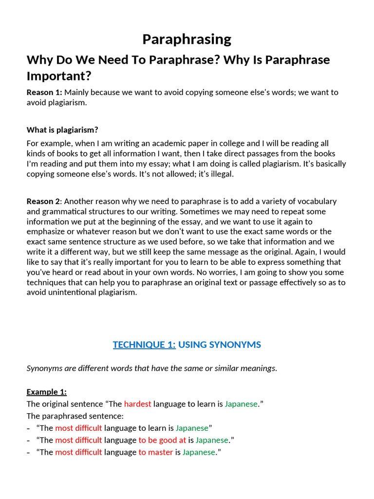 Importance and Techniques of Paraphrasing | PDF | Plagiarism | Adjective