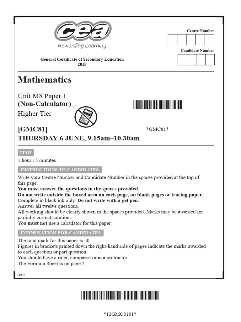 GCSE Mathematics 504 Summer2019 Higher Tier, M8 - Paper 1 (Non ...
