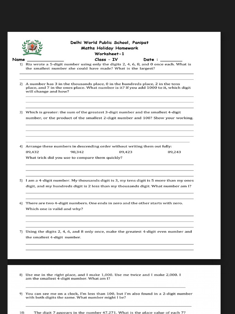 Class 4 Holiday Homework Worksheets - Google Drive | PDF
