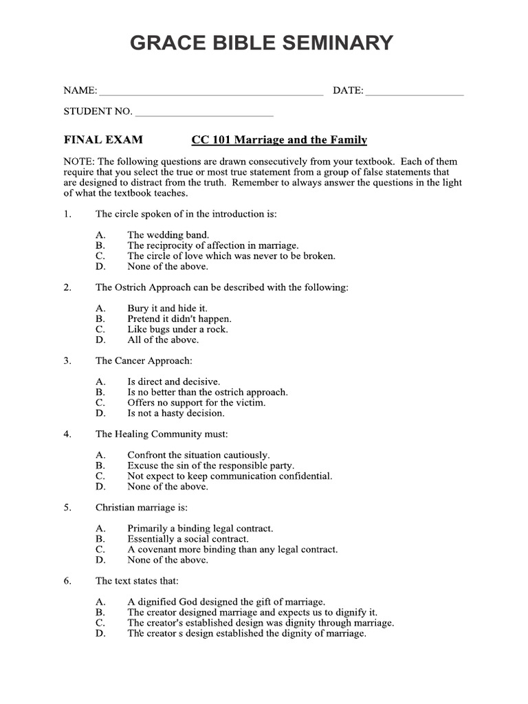 Marriage & Family Life Exam | PDF