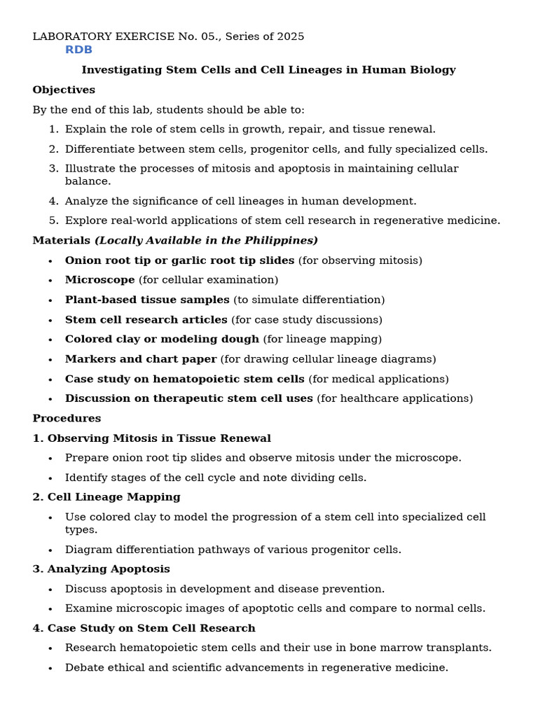 Stem Cells in Human Biology Lab Guide | PDF
