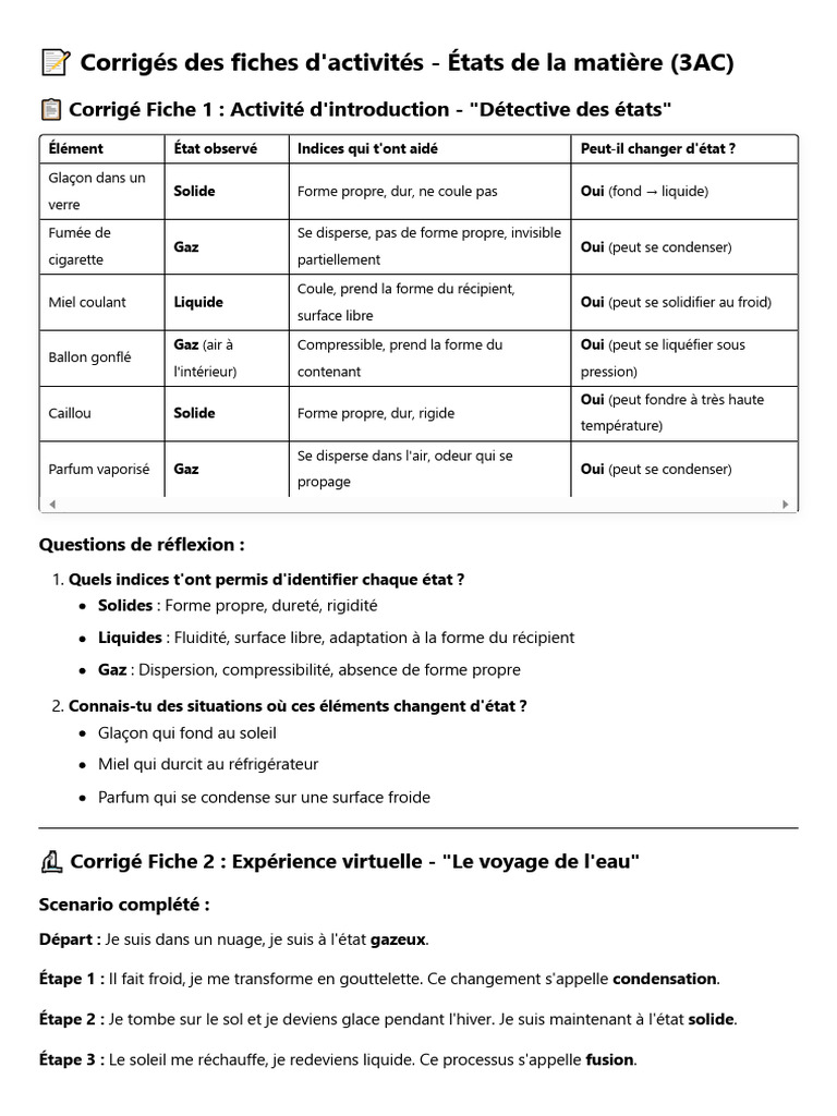 Corrigés des activités sur les états de la matière | PDF | Condensation ...