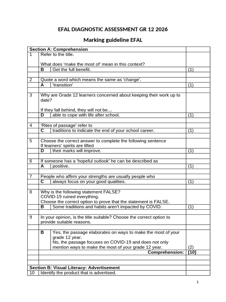 Grade 12 EFAL Diagnostic Assessment 2026 | PDF | Part Of Speech | Human ...
