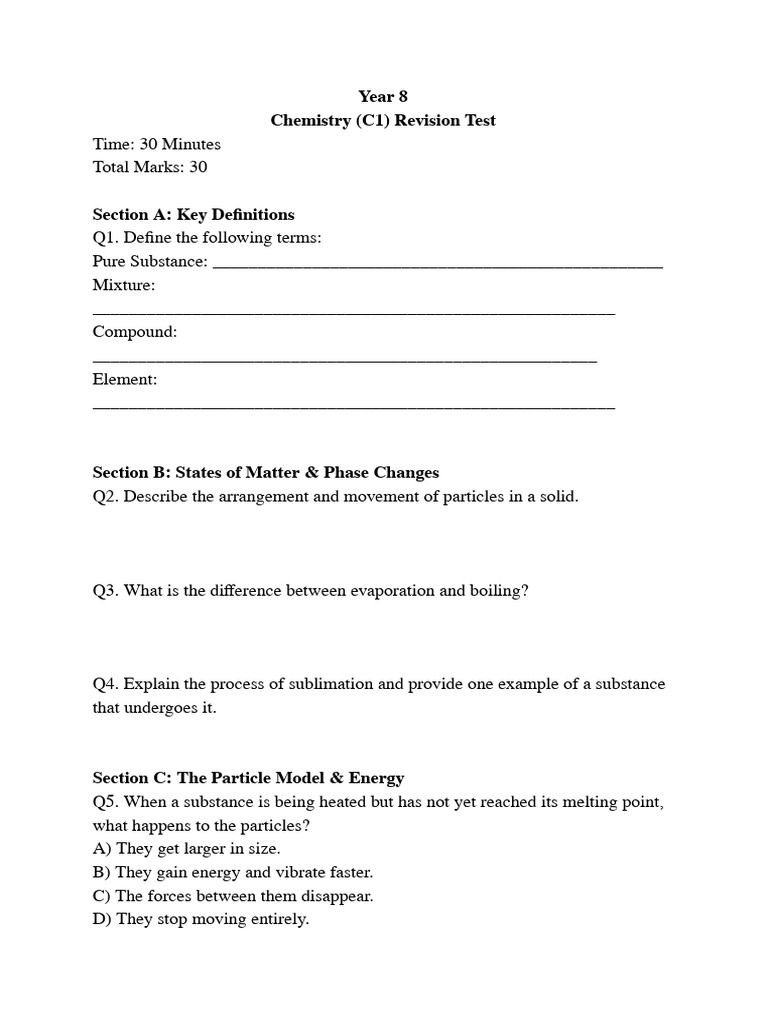 Year 8 Chemistry Revision Test Guide | PDF
