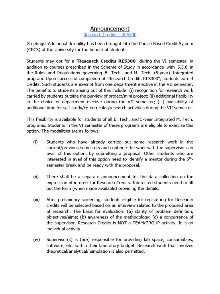 Research Credits (RES300) - Announcement | PDF | Course Credit