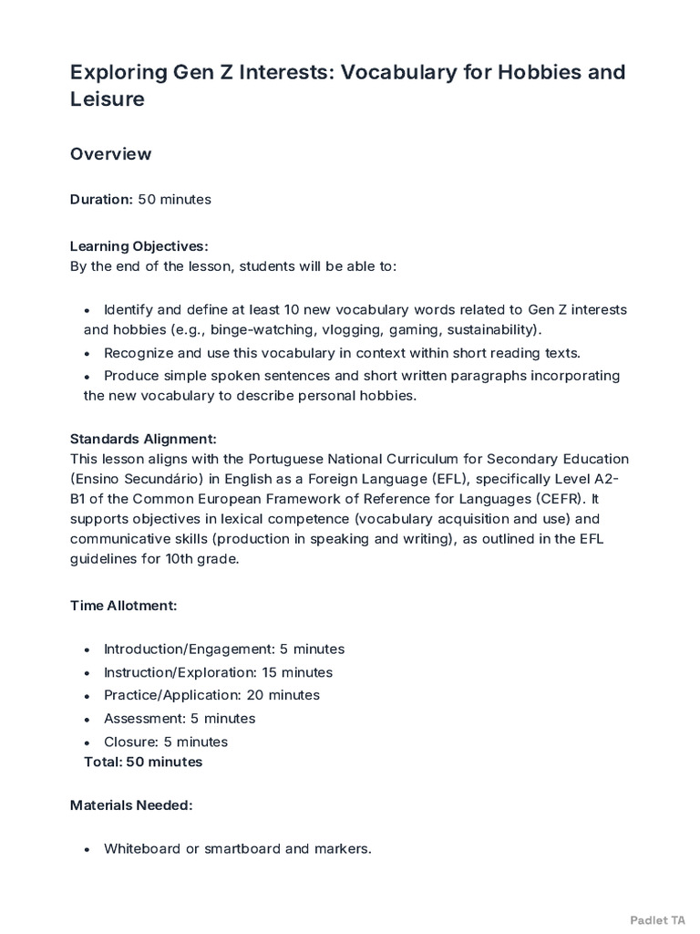 Gen Z Hobbies Vocabulary Lesson Plan | PDF | Vocabulary | English Language