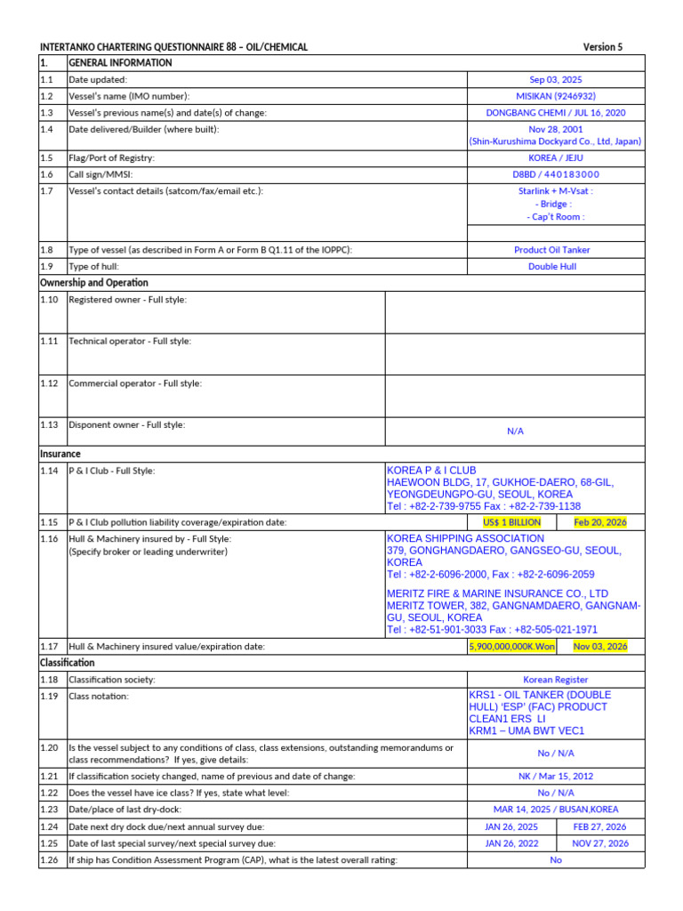 INTERTANKO Chartering Questionnaire 88 | PDF | Tonnage | Shipping
