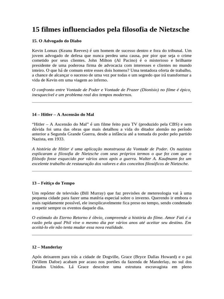 15 Filmes Influenciados Pela Filosofia de Nietzsche | PDF | Friedrich ...
