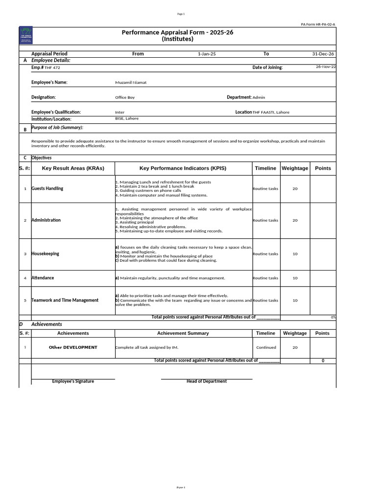 Objective Form - Muzamil Niamat 2025-2026 | PDF | Performance Appraisal ...