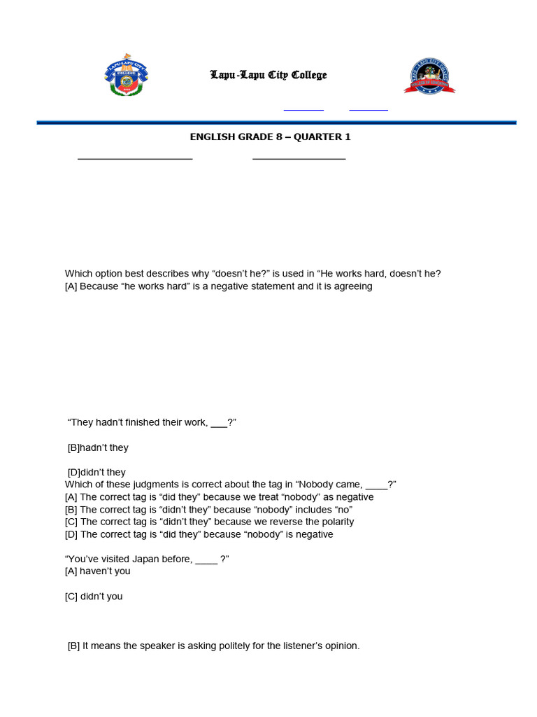 fa assessment in tag-1 | PDF | Question | Verb