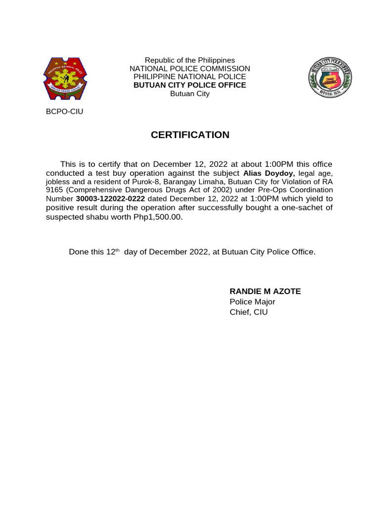 Certification for Drugs for Crime Lab Doydoy | PDF