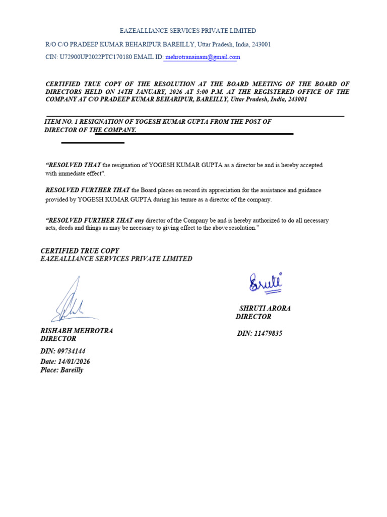 Resignation of Director at EazeAlliance | PDF