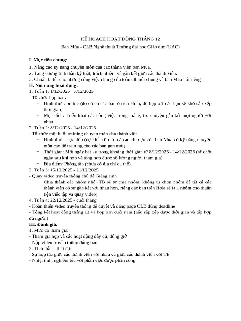 Kế hoạch tháng 12 - ban Múa | PDF