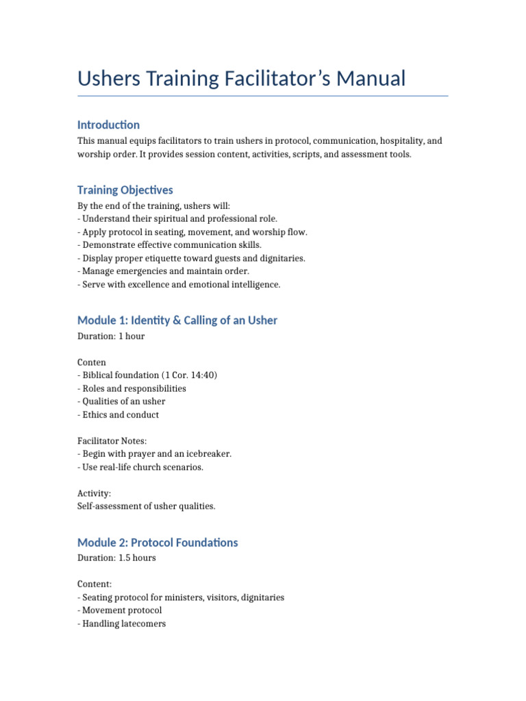 Usher Training Facilitator Manual | PDF