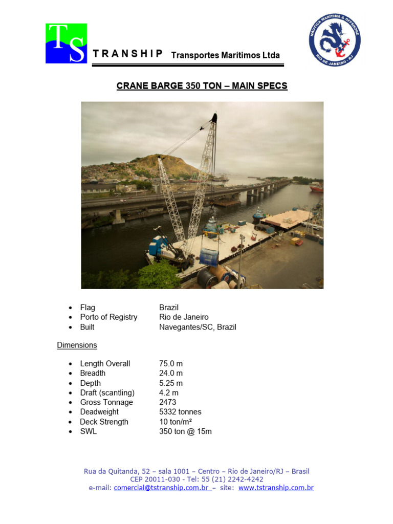 Crane Barge 350 Ton - Main Specs Rev.02 | PDF | Ton | Water Transport
