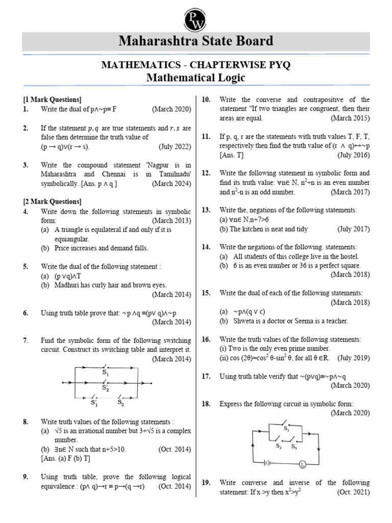 Chapterwise PYQ_Mathematical Logic_Mathematics_Maharashtra State Board ...