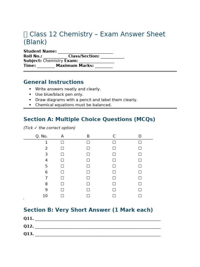 Class 12 Chemistry Exam Answer Sheet | PDF | Multiple Choice | Student ...