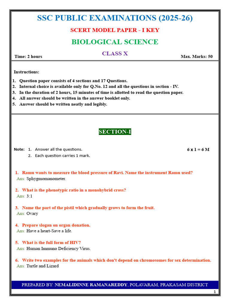 N Ramana Reddy X Biology SCERT Model Paper 1 Key-1 | PDF