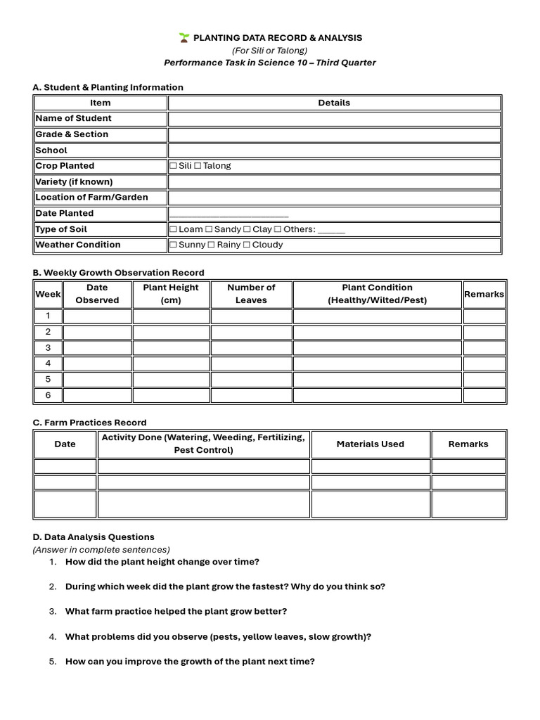 Planting Data Record for Sili/Talong | PDF