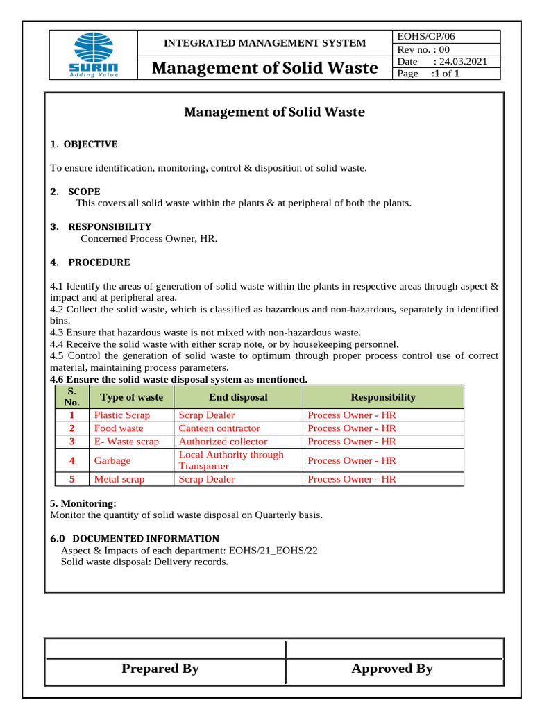 EOHS_CP_06 - Procedure for Management of Solid Waste | PDF