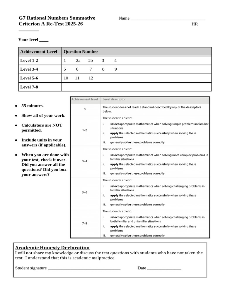 G7 Rational Numbers Test 2025-26 | PDF