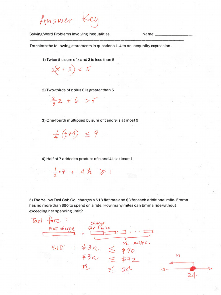 Word Problems Involving Inequalities (KEY) | PDF | Mathematics | Geometry