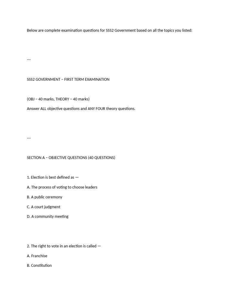 sss2 government first term exam | PDF | Elections | Voting