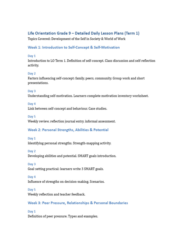 Grade 9 Life Orientation Lesson Plans | PDF | Self Concept | Social ...