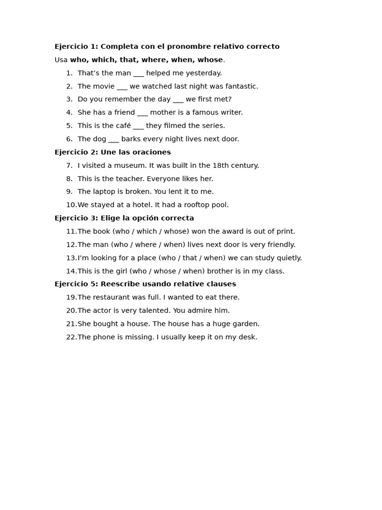 Relative Clauses- Ejercicio 2 | PDF