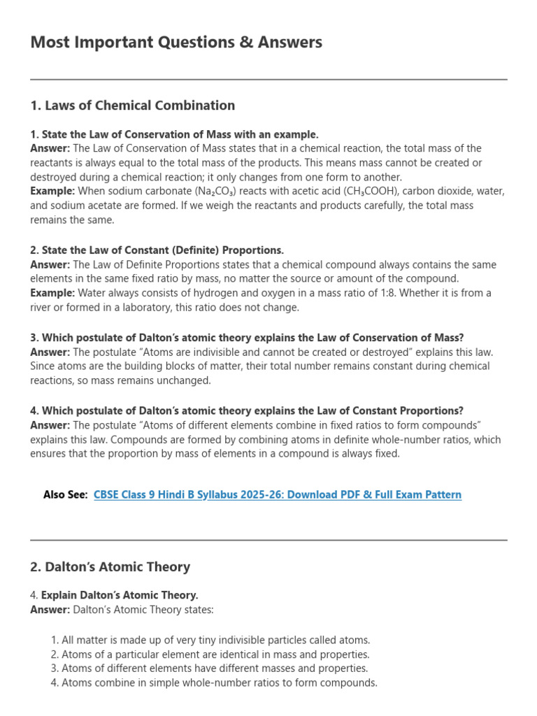Atoms And Molecules Class 9 – Most Important Questions And Answers ...