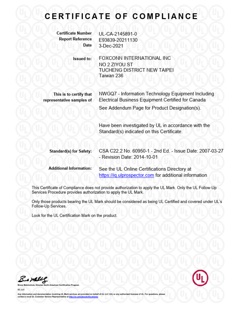 UL Compliance Certificate for Foxconn | PDF | Personal Computers ...