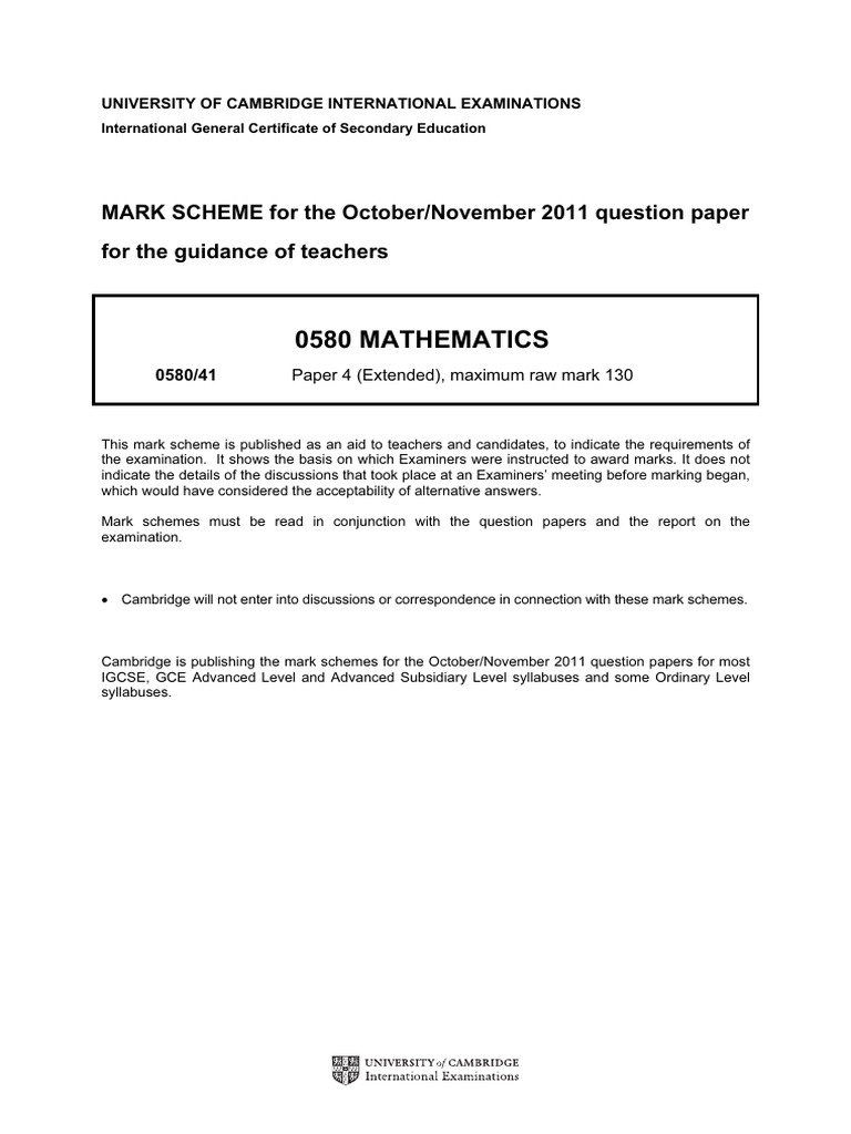 0580 Mathematics: MARK SCHEME For The October/November 2011 Question ...