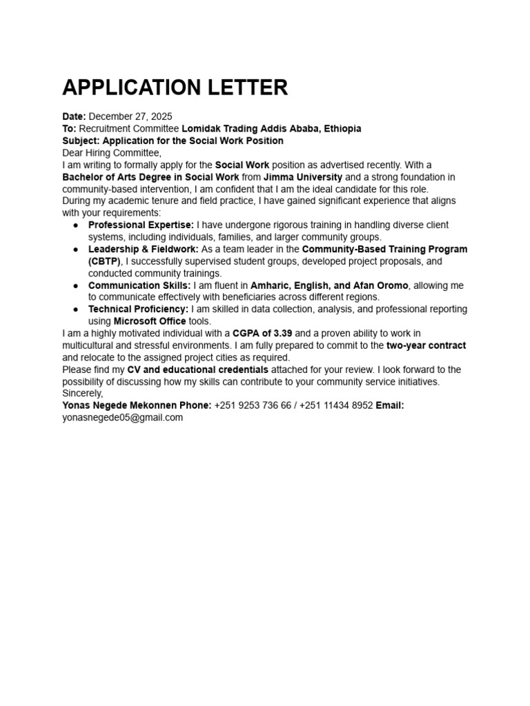 Social Work Application Letter | PDF