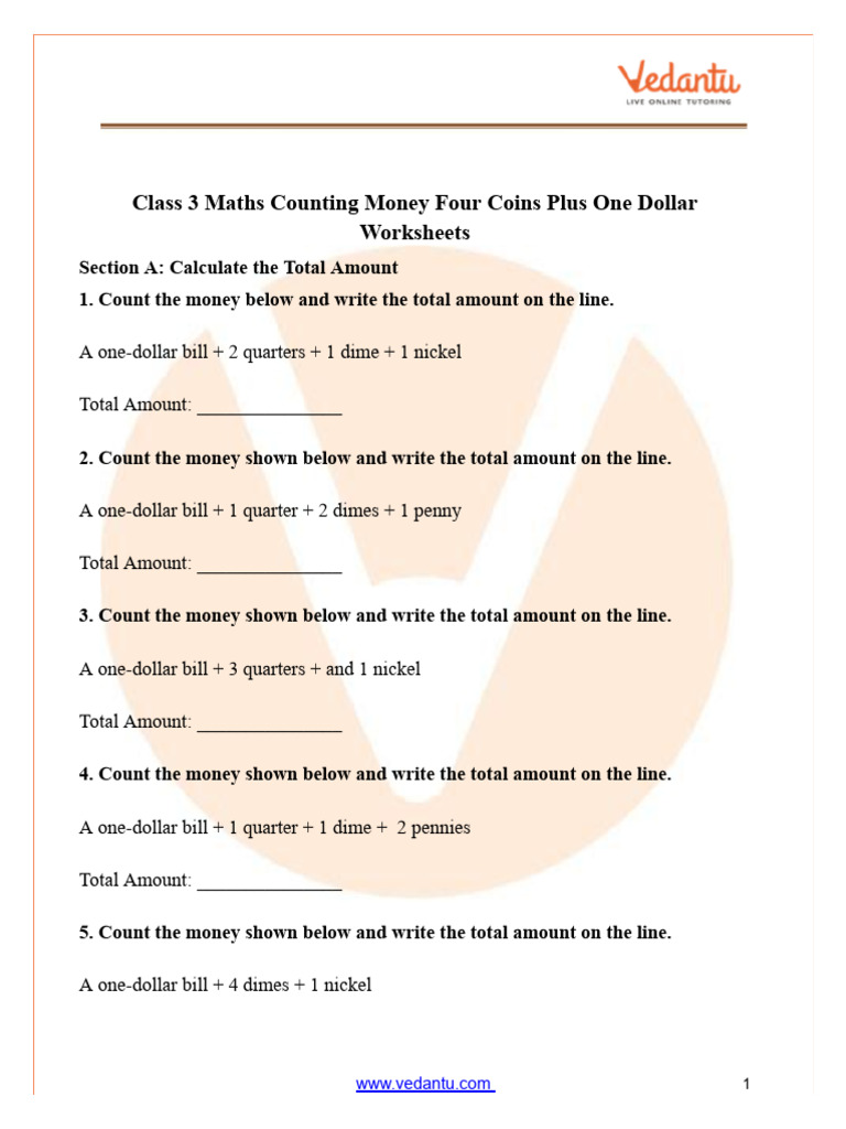 Counting Money Worksheet For Grade 3 - Four Coins + One Dollar | PDF ...