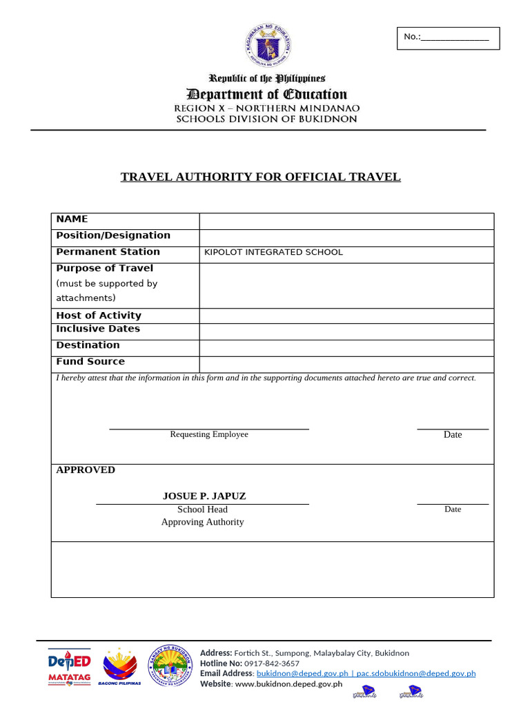 Official Travel Authority Form | PDF