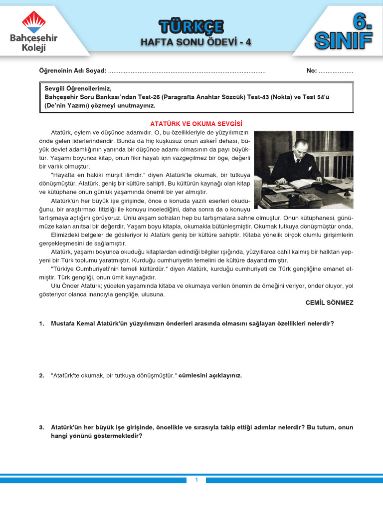 6 Sinif Turkce Hafta Sonu 4 1602749596 | PDF