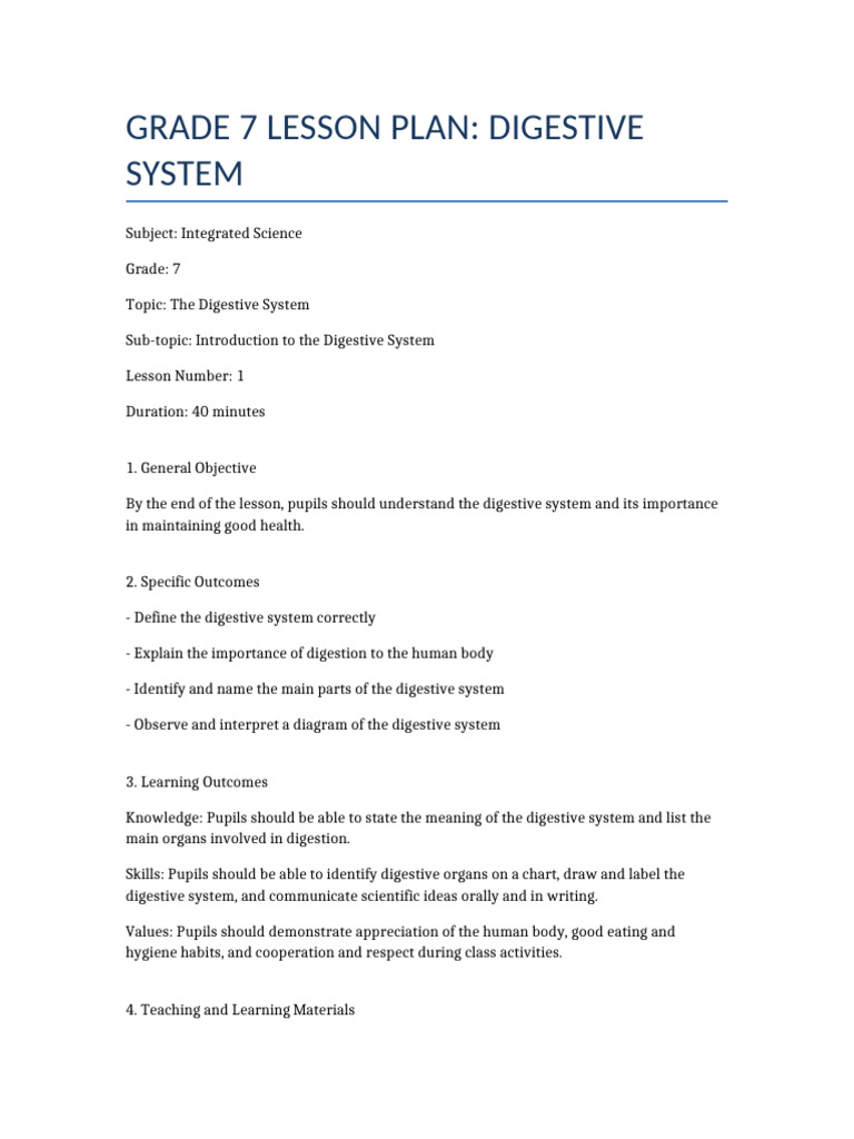 Grade 7 Digestive System Lesson Plan | PDF