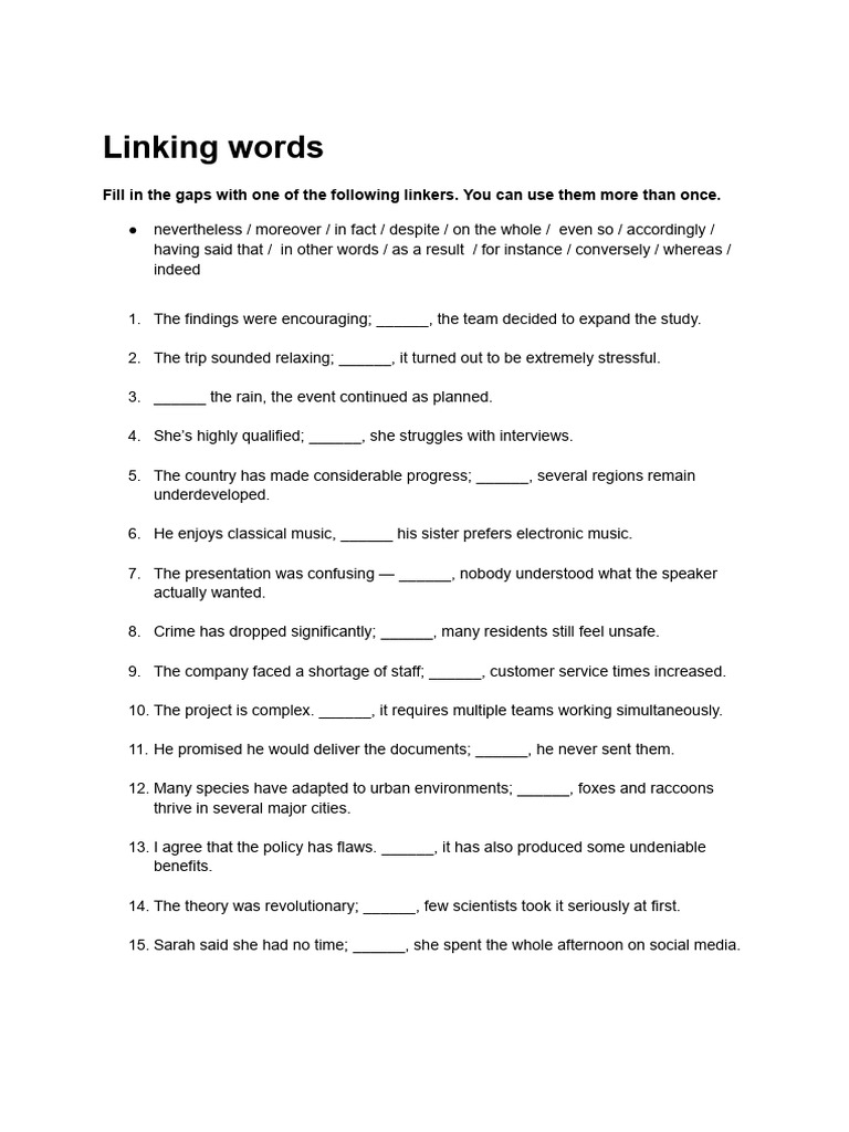 Linking Words Exercise and Answers | PDF
