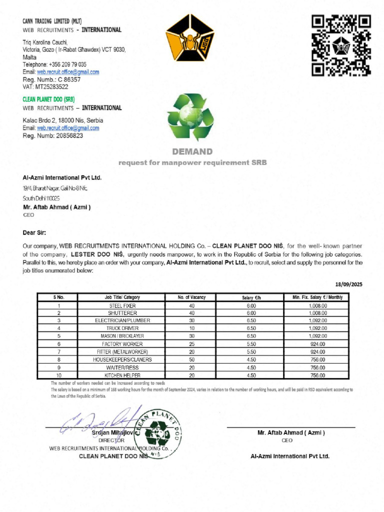 Demand Letter or Manpower Request - SRB | PDF