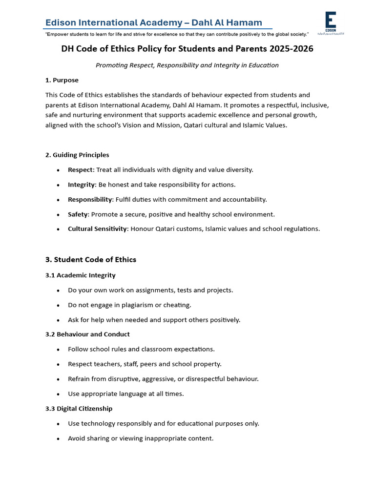 DH Code of Ethics Policy For Students and Parents 2025-2026 | PDF