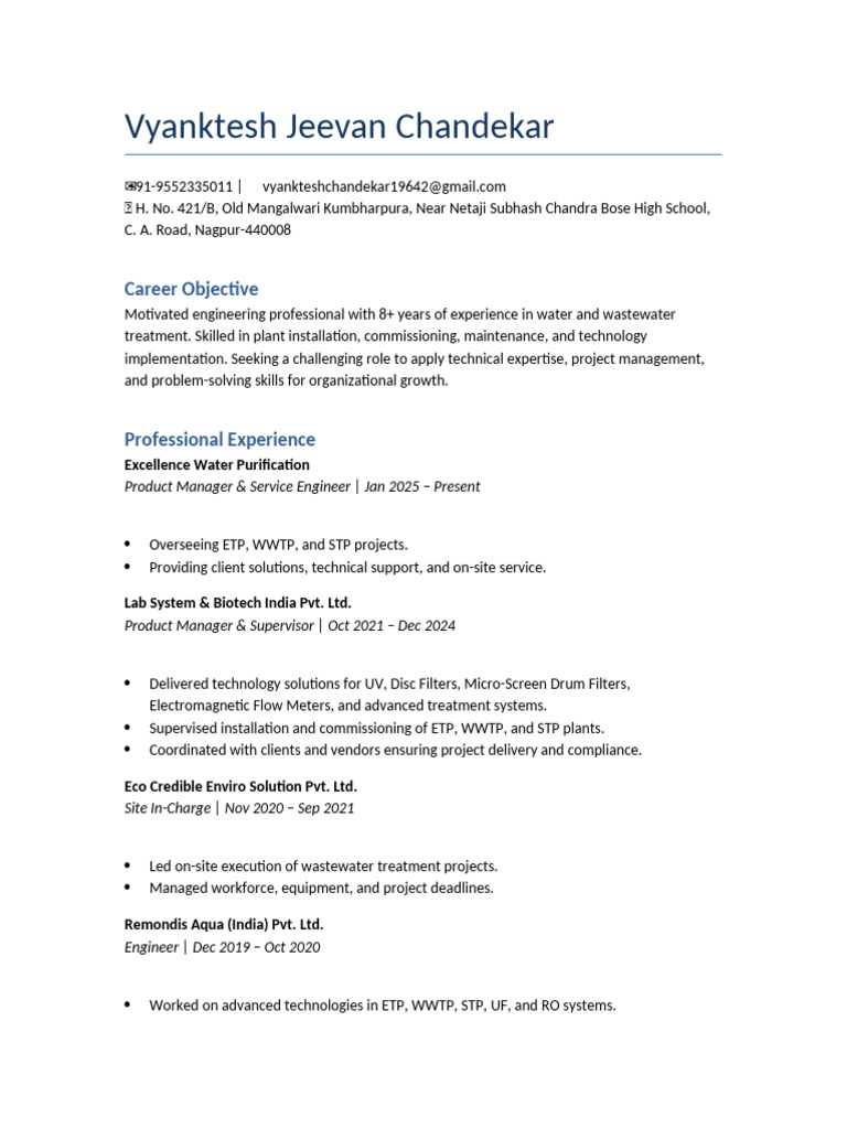 Water Treatment Engineer Resume | PDF | Sewage Treatment