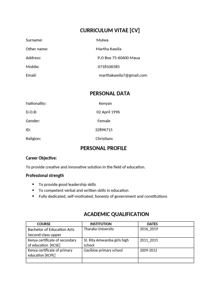 Martha Mulwa's Education CV | PDF