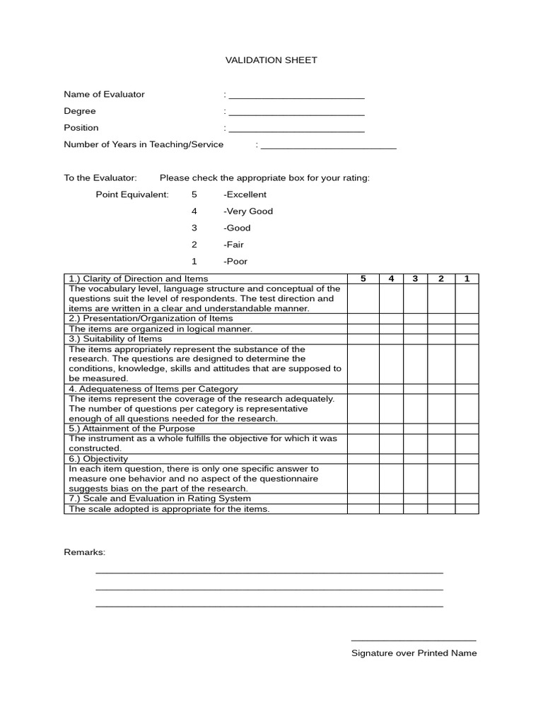 Evaluator Validation Sheet Template | PDF