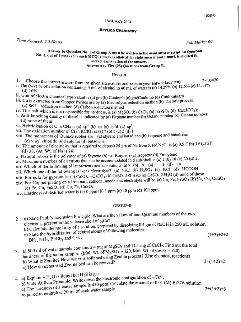Diploma 1 Sem Applied Chemistry 103 N Jan 2024 | PDF