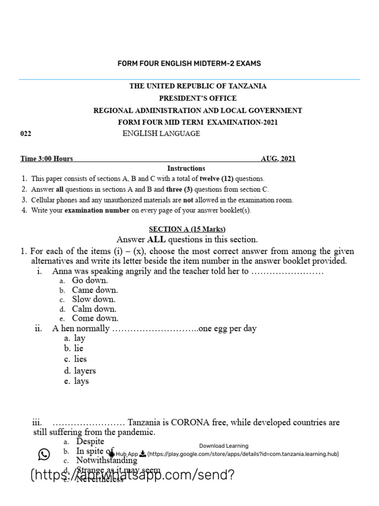 Form Four English Midterm Exam 2021 | PDF